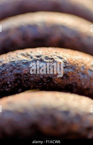 A selective focus shot of rusty metal nuts holding a concrete post on ...
