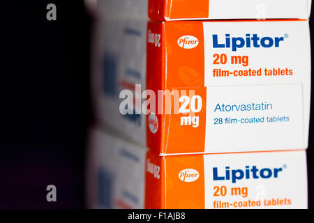 Box of Lipitor® Atorvastatin tablets. Used to reduce levels of LDL or ...