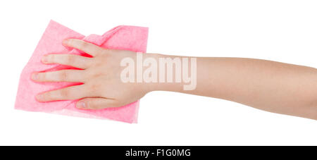 hand with pink dusting rag isolated on white background Stock Photo - Alamy