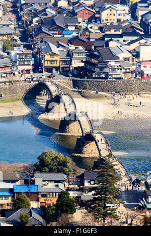 Top view of Kintai Bridge (Kintaikyo), a historical wooden arch bridge ...