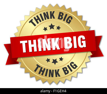 think big 3d gold badge with blue ribbon Stock Photo - Alamy