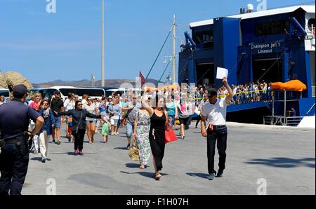 A ferry arriving in the port Ormos Athinios Santorini Greece Stock ...
