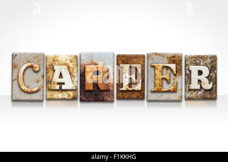 The word "CAREER" written in rusty metal letterpress type on an old ...