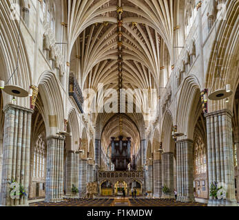 Interior, the Medieval Nave of Exeter Cathedral with vaulting of the ...