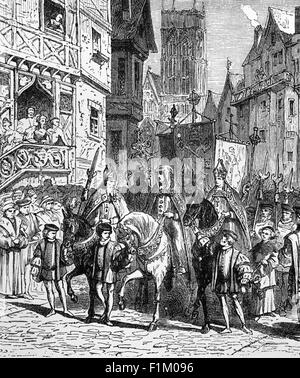 Street in London under Mary Tudor early 1500s. Hand-colored woodcut ...