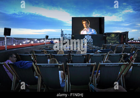 The open-air cinema on the roof of Peckham's Bussey Building. An ...