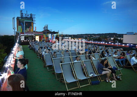 The open-air cinema on the roof of Peckham's Bussey Building. An ...