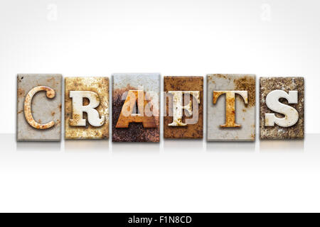 The word "CRAFTS" written in rusty metal letterpress type sitting on a ...