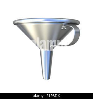 Steel funnel. 3D render illustration, isolated on white. Side view ...