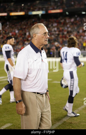 San Diego, CA. 5th Sep, 2015. San Diego WR #2 Brian Riley warms up ...
