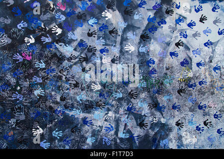 Section of painting with handprints at East Side Gallery, Berlin Wall ...