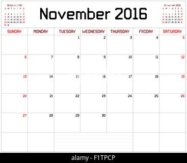 2016 calendar, monthly calendar template for November. Vector ...