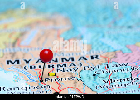 Prome pinned on a map of Myanmar Stock Photo - Alamy