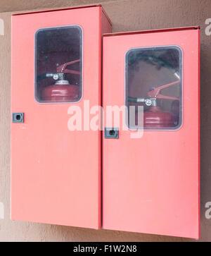 Red fire extinguisher closeup in the funicular cabin. The concept of ...