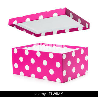A pink polka dot gift box flatly, lots of multi-colored foam beads of ...
