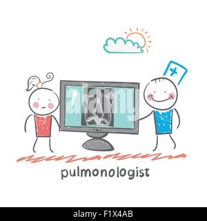 pulmonologist, chest X-ray shows a patient. Fun cartoon style ...