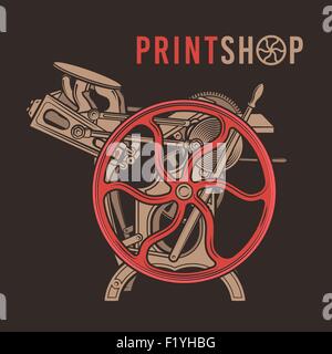 Letterpress printing machine vector illustration. Vintage print logo ...