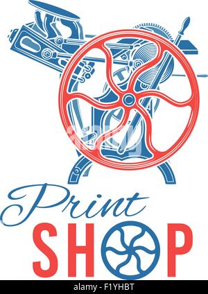 Letterpress printing machine vector illustration. Vintage print logo ...