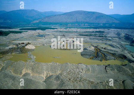 Russia, Siberia, east of Yakutsk, open cast gold mine in a wide valley ...