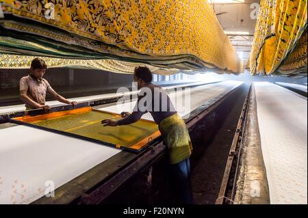 India, Rajasthan State, Jaipur, Sanganer, sari traditional printing ...