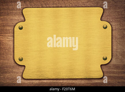 Composition of golden plaque, name plate, wooden board isolated on ...