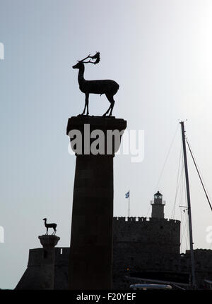Rhodian stag and doe, symbols of Rhodes in Mandraki Harbour Stock Photo ...