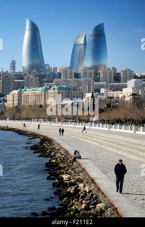 Azerbaijan, Baku, Baku Bulvar (Boulevard), city illuminated at dusk ...