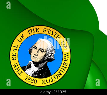 Close-up of Washington state flag waving. Dark green field with a seal ...