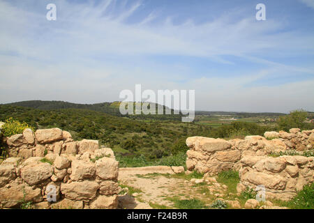 Israel, Shephelah, remains of the western City Gate at Khirbet Qeiyafa ...