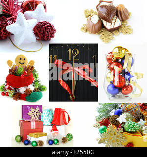 Collage with different Christmas decorations on colorful background ...