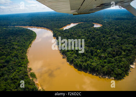 A plane flying over the Amazon rainforest looking down on a meandering ...
