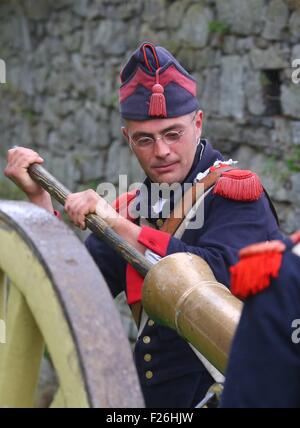 Namur, Belgium. 12th Sep, 2015. A woman reproduces the scene of the ...