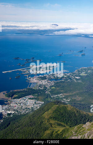 Aerial view of Sitka, Alaska, with Mt. Edgecumbe in the background ...