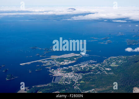 Aerial view of Sitka, Alaska, with Mt. Edgecumbe in the background ...