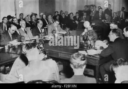 Sen. Joseph McCarthy before Senate Committee, 1950s, pointing to U.S ...