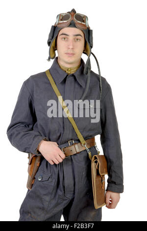 young Soviet tank driver with his gun on the white background Stock ...