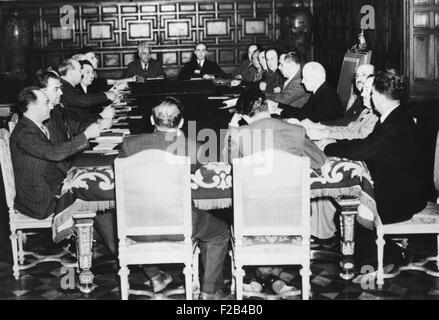 Mexican President Lazaro Cardenas meeting with oil labor leaders. On ...
