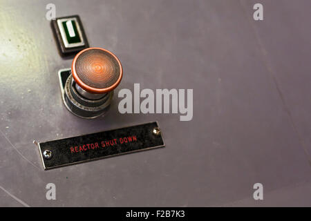 Control room and reactor shut-down switch in Hinkley Point B nuclear power station. Somerset, UK ...