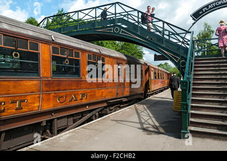 Footbridge and railway carriage at Pickering Railway Station, North ...