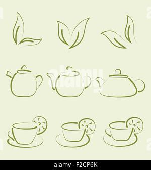Outline of tea set with cups and teapot from black lines isolated on ...