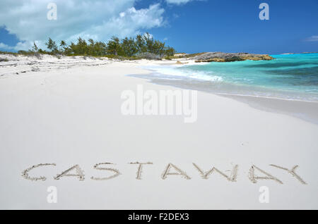 Castaway writing on a desrt beach of Little Exuma, Bahamas Stock Photo ...