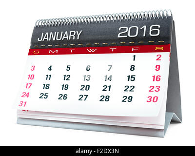2016 January page of a desktop calendar is on isolated white background ...