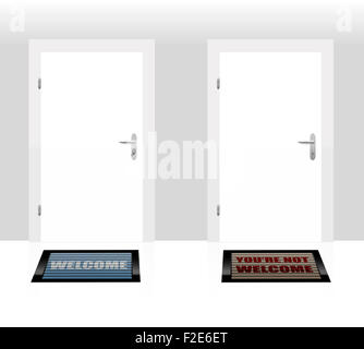 Illustration of two doors one open and one closed in a room with wooden ...