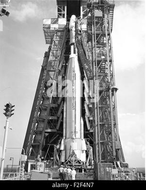 The photo captures the Atlas-Agena rocket during a pullback test in ...