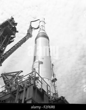 This photo shows the Atlas-Agena rocket setup prior to launch on ...