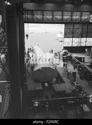This image shows the Atlas rocket assembly line on February 18, 1959 ...