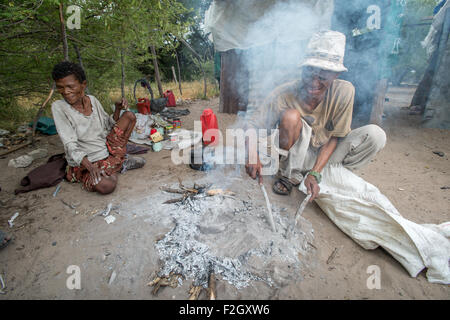 Bushmen or San people preparing food in Botswana, Africa Stock Photo ...