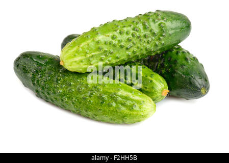 Fresh small green cucumbers whole and sliced close up copy space ...