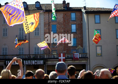 Flag throwing during medieval festival in the historic city of Taggia ...