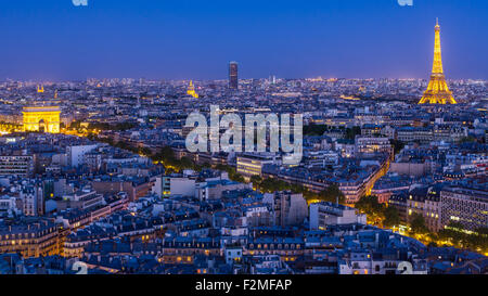 Paris City Skyline, Arc de Triomphe and the Eiffel Tower, viewed over rooftops, Paris, France ...